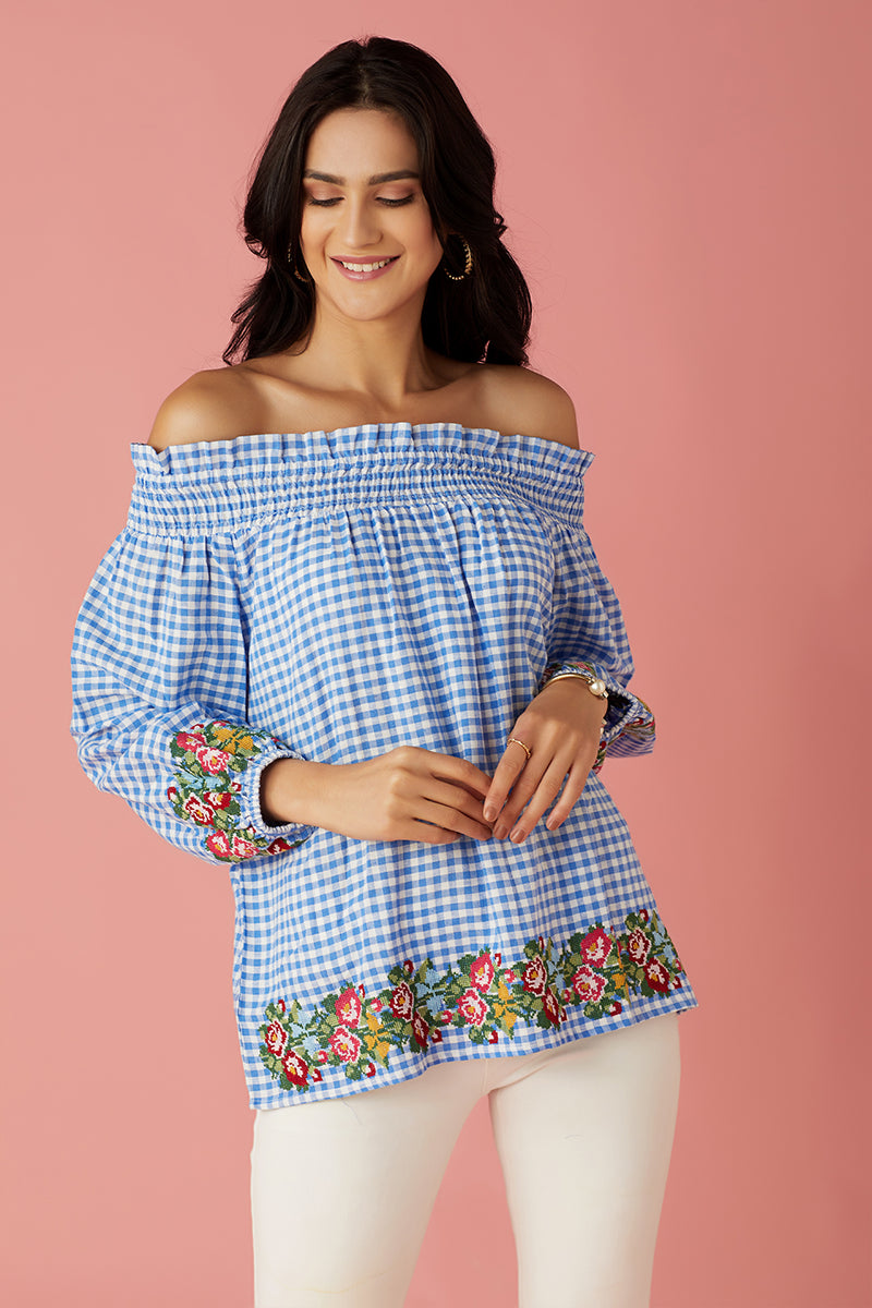 Blue Gingham Off-Shoulder Top – Boho Chic By Sukriti Jain